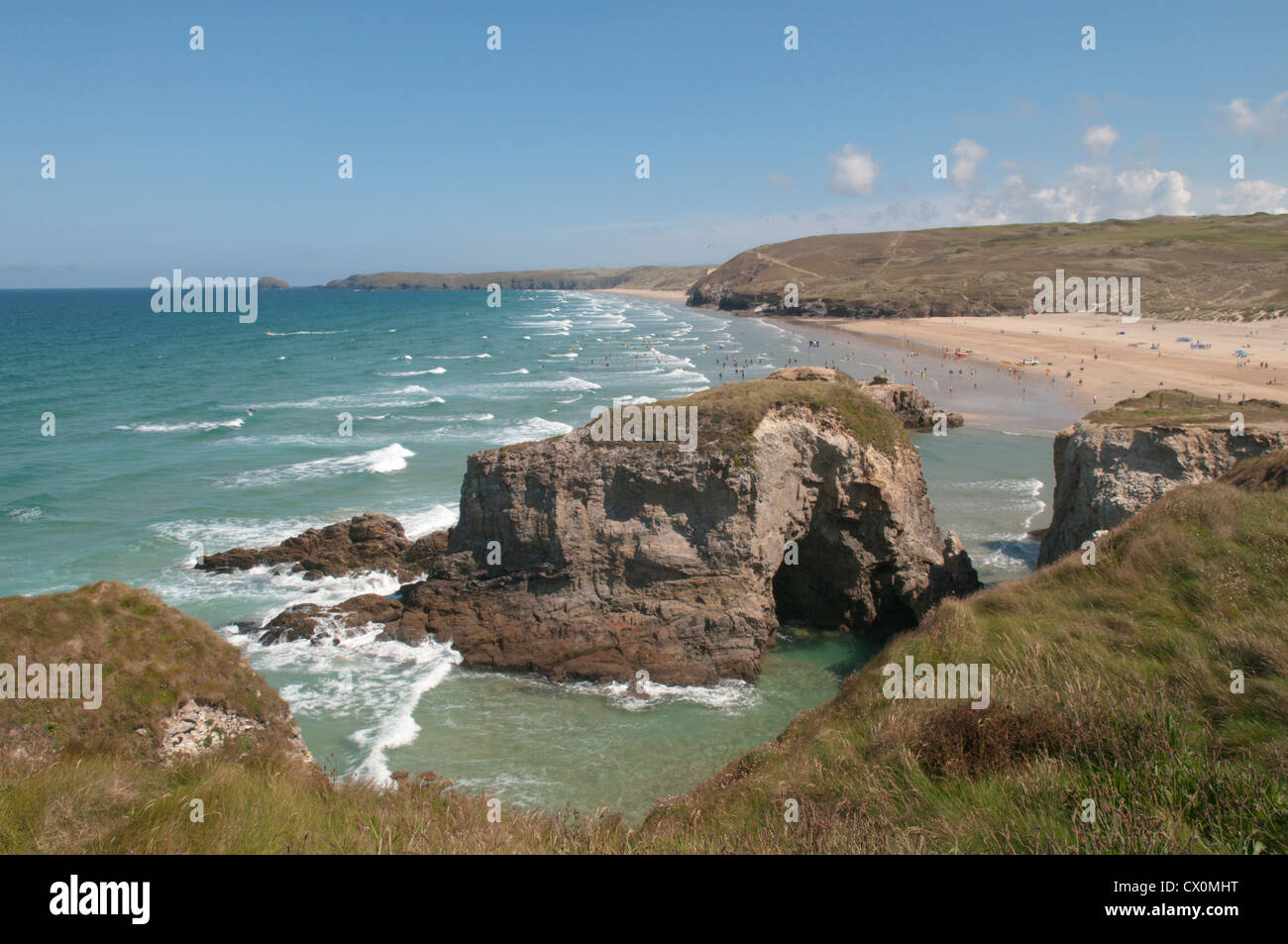 View north across Perran beach, Perranporth. Penhale Point and Carter's ...