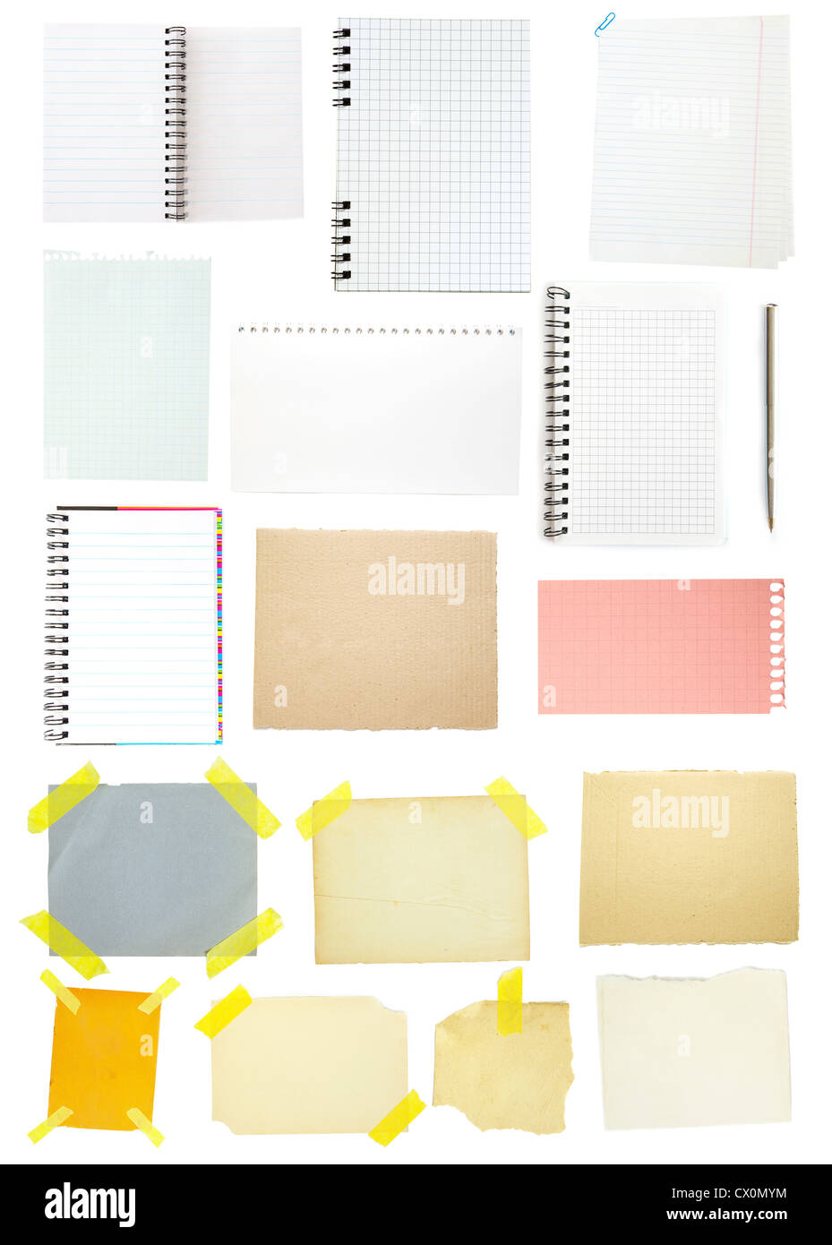 collection of old note paper on white background Stock Photo - Alamy