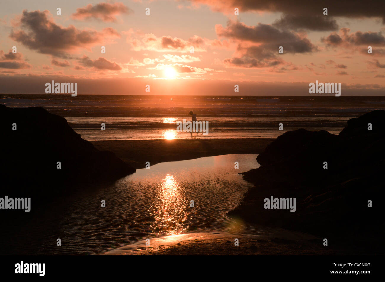 Sunset on Perran Beach, Perranporth, Cornwall, UK. July Stock Photo - Alamy