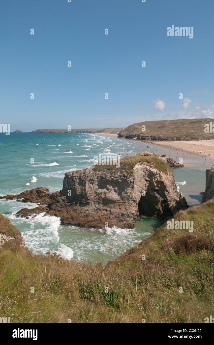 View north across Perran beach, Perranporth. Penhale Point and Carter's ...