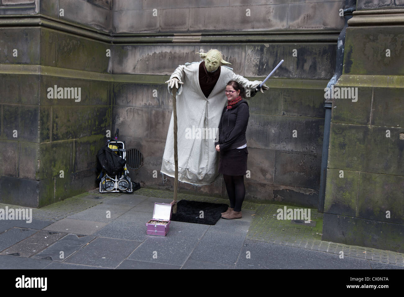 Street performance of a floating Yoda from Star Wars, on the Royal Mile ...