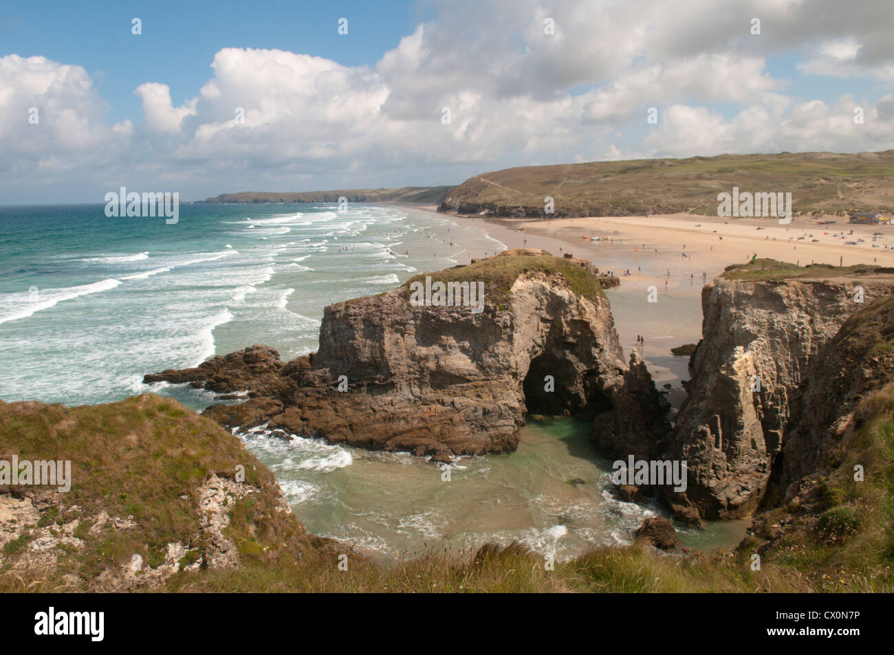 View north across Perran beach, Perranporth. Penhale Point and Carter's ...
