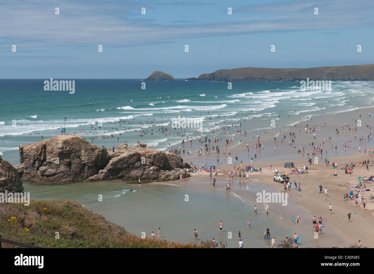 View north across Perran beach, Perranporth. Penhale Point and Carter's ...
