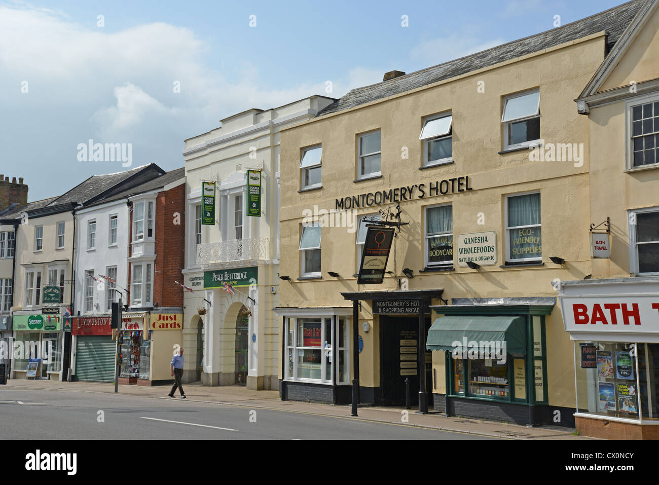 View of High Street showing Montgomery's Hotel, Honiton, Devon, England ...