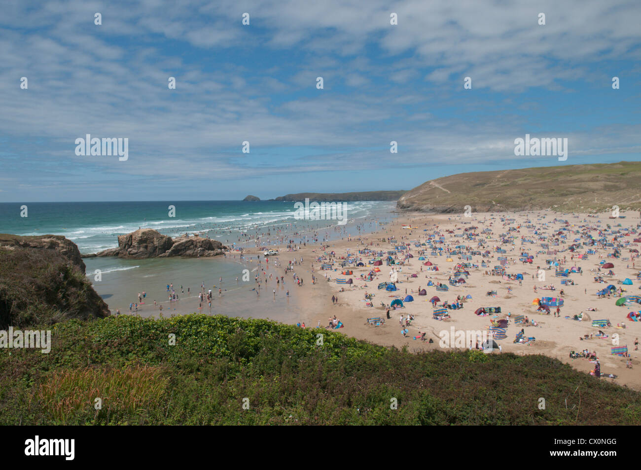 View north across Perran beach, Perranporth. Penhale Point and Carter's ...