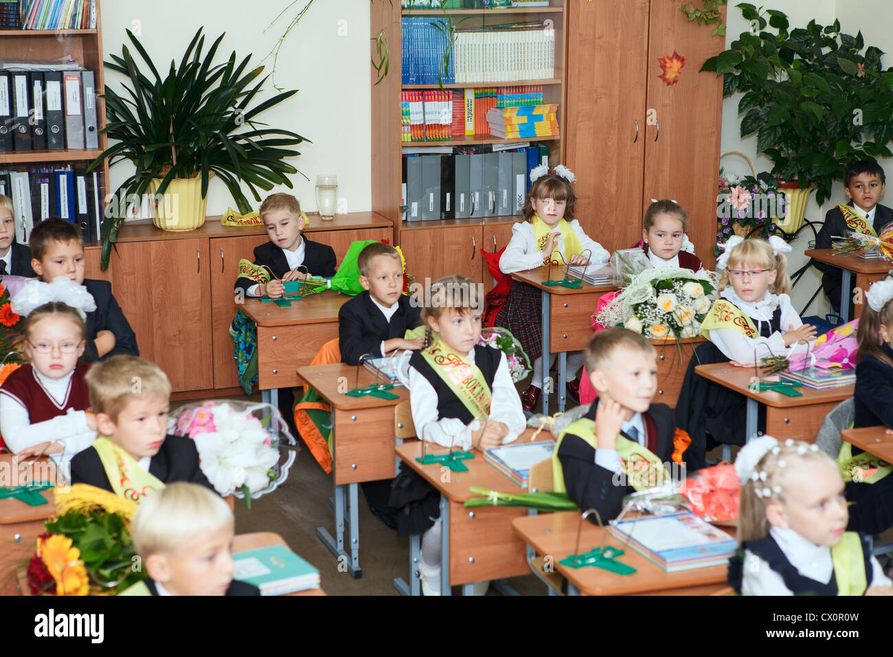 Children Caucasians sit in classroom during the lesson in Russian ...