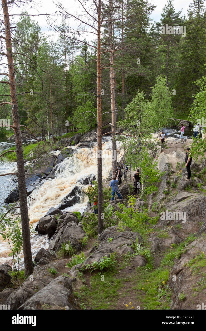 Lowland waterfall in Ruskeala in the Republic of Karelia, Russia ...