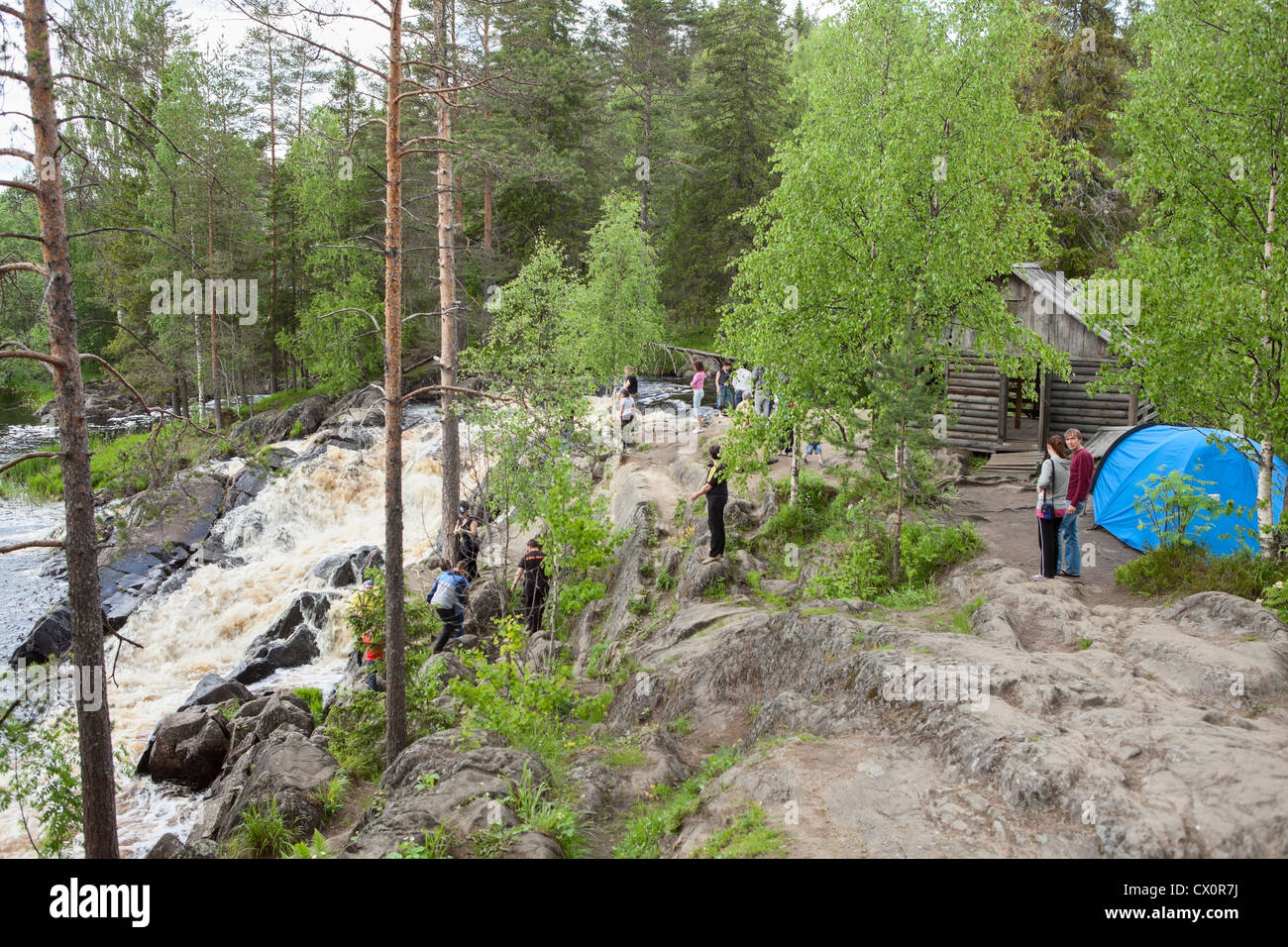 Lowland waterfall in Ruskeala in the Republic of Karelia, Russia ...