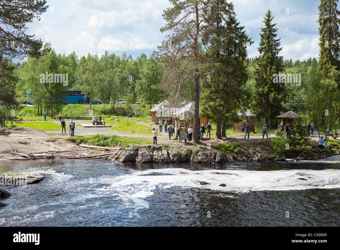 Lowland waterfall in Ruskeala in the Republic of Karelia, Russia. View ...