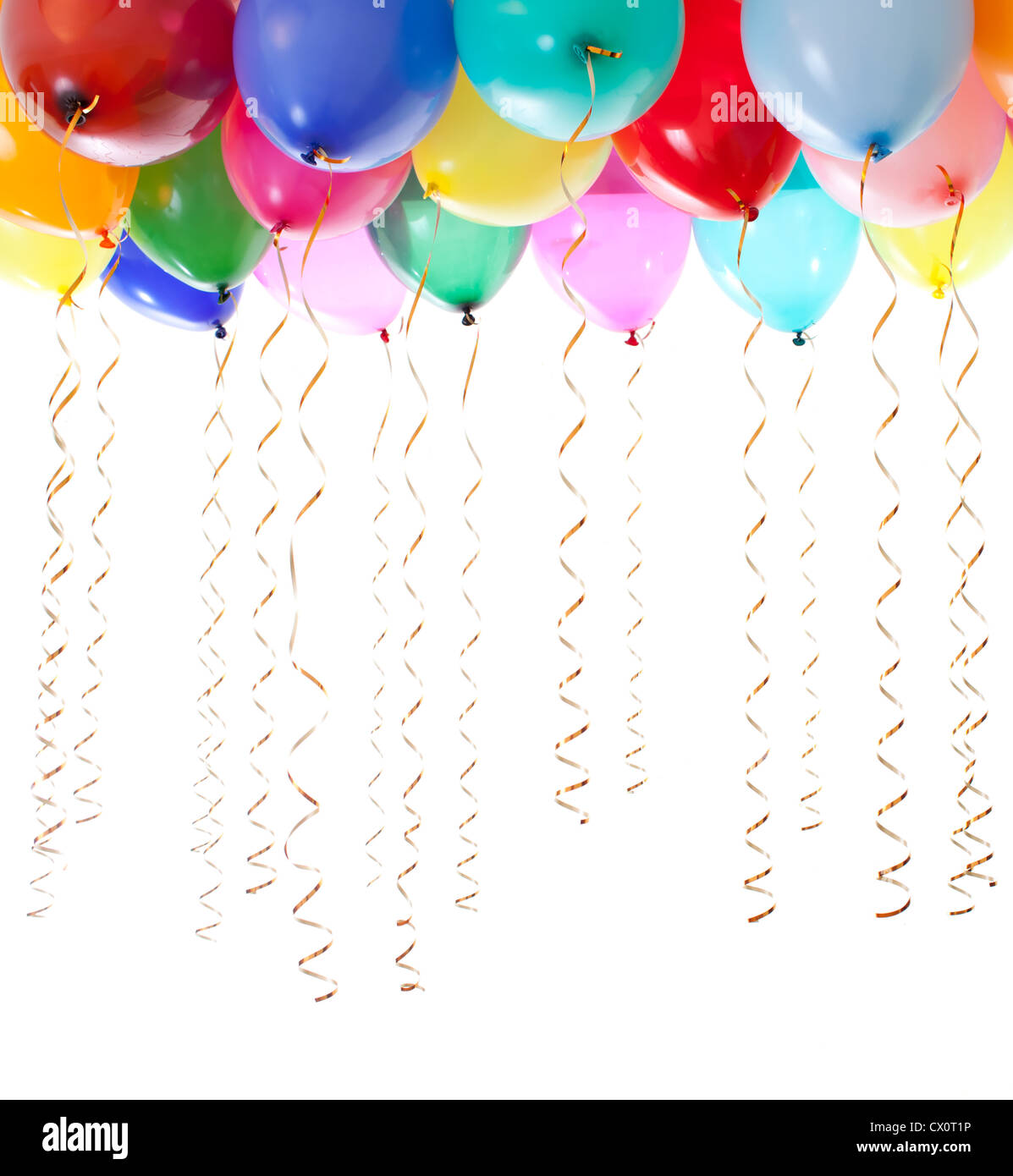 colourful balloons filled with helium and with golden streamers ...
