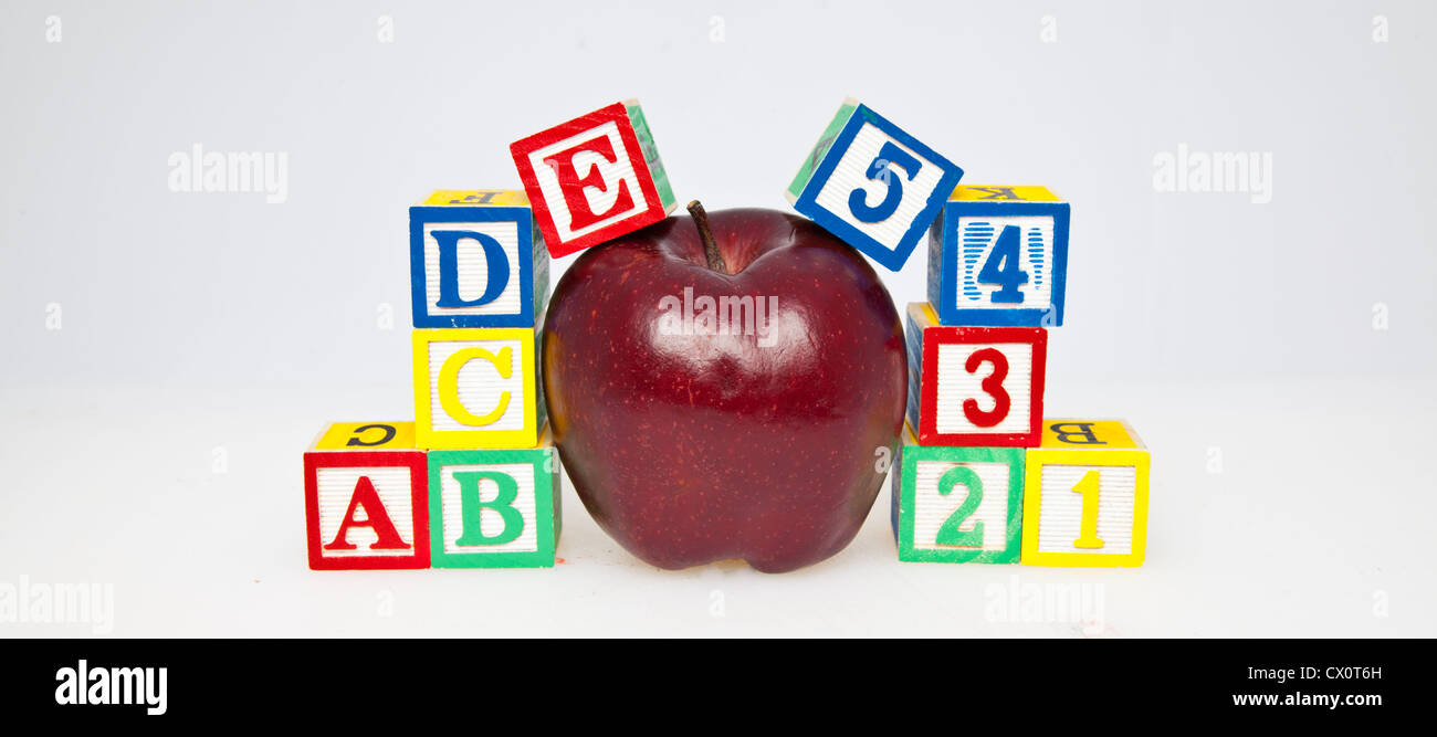 A red apple with children's blocks on either side representing the ABCs ...