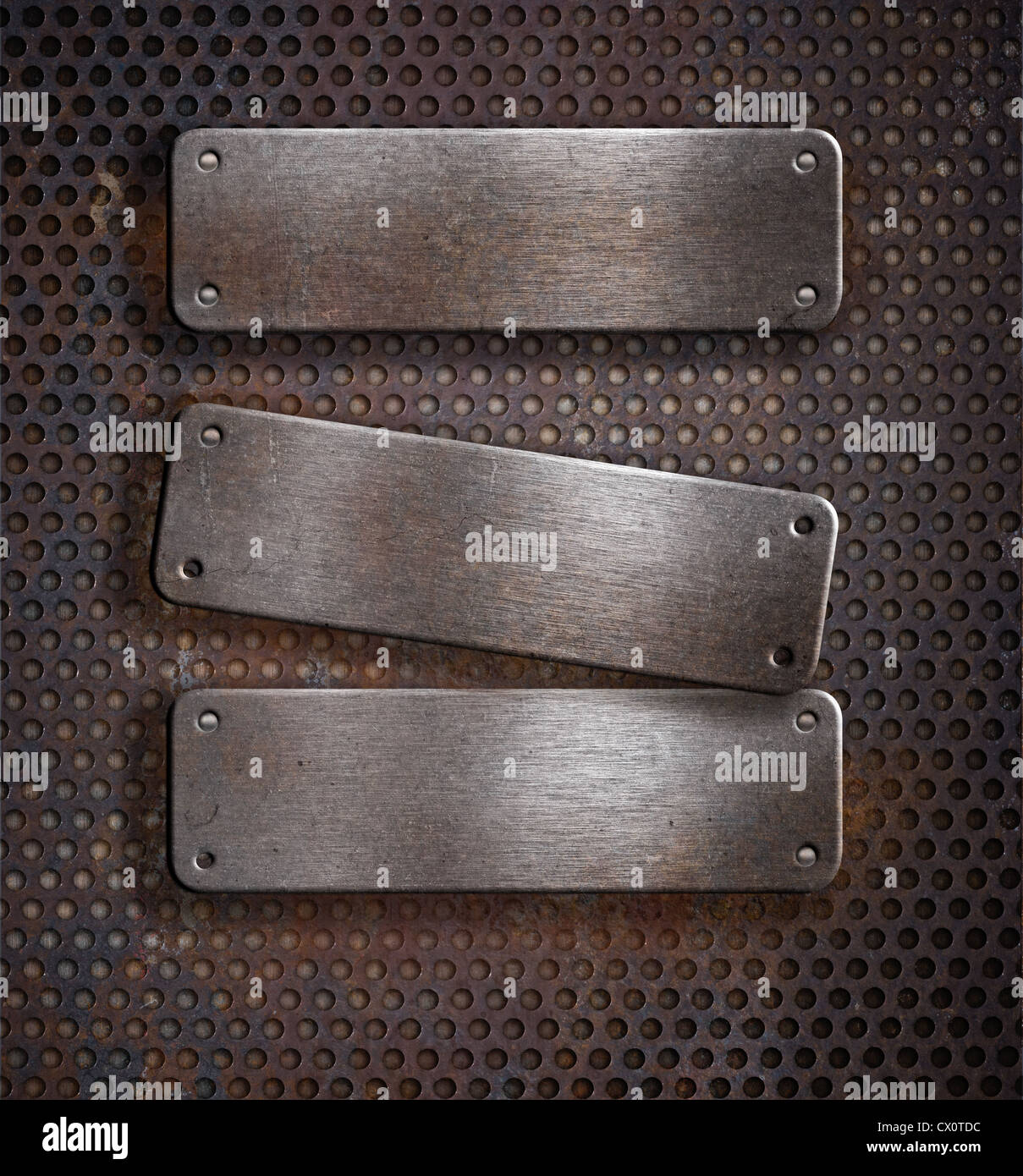 three grunge rusty metal plates over grid background Stock Photo - Alamy