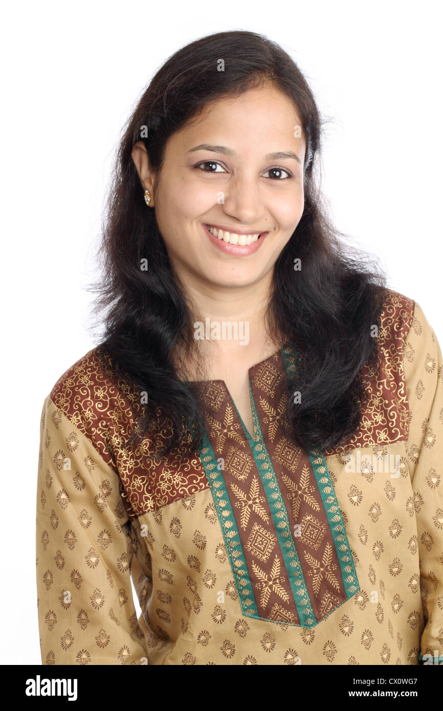 Portrait of Beautiful Smiling Indian girl against white Stock Photo - Alamy
