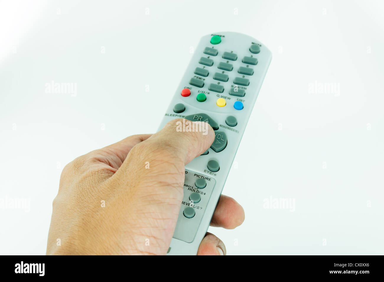 Hand holding remote control on isolate white background Stock Photo - Alamy