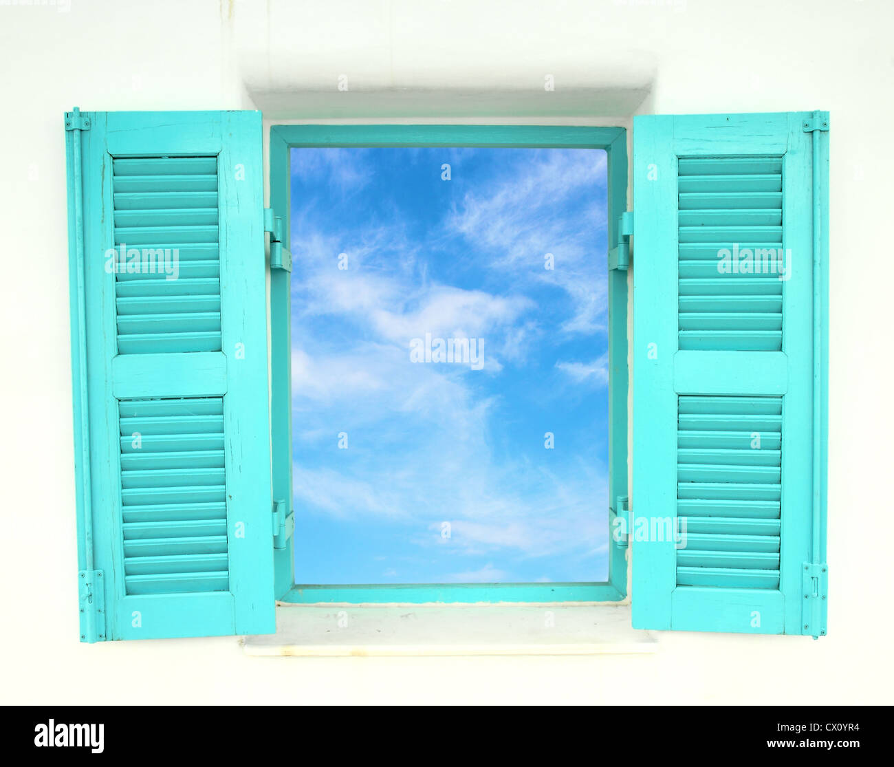 Greek Style windows with blue sky view Stock Photo - Alamy
