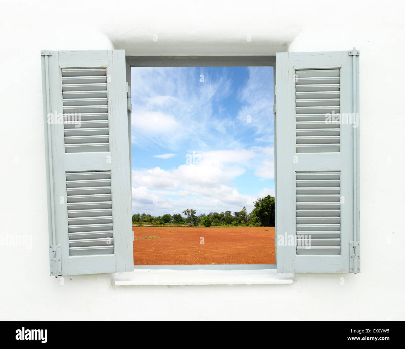 Greek Style windows window with nature country view Stock Photo - Alamy
