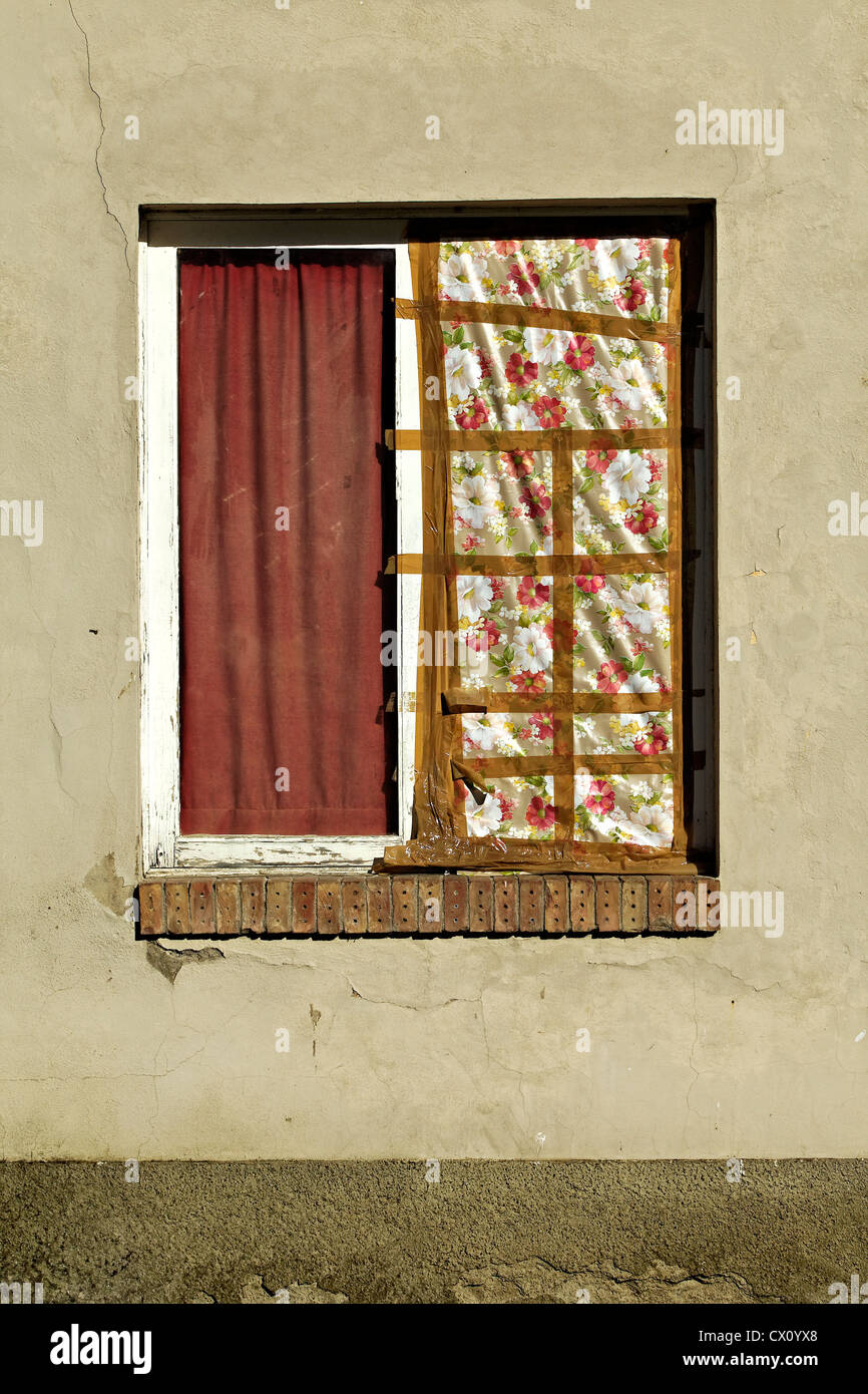 Temporary repair on broken window, Laiatico Tuscany Italy Stock Photo ...