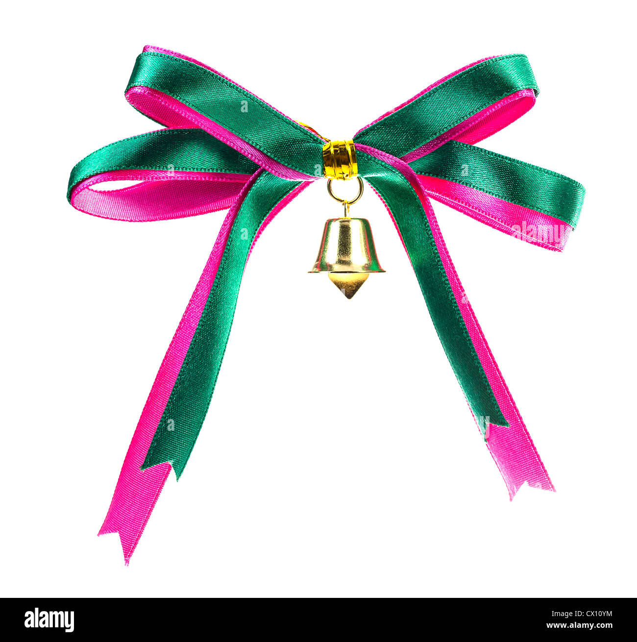 two tone color gift bow ribbon with golden bell holding isolate on ...
