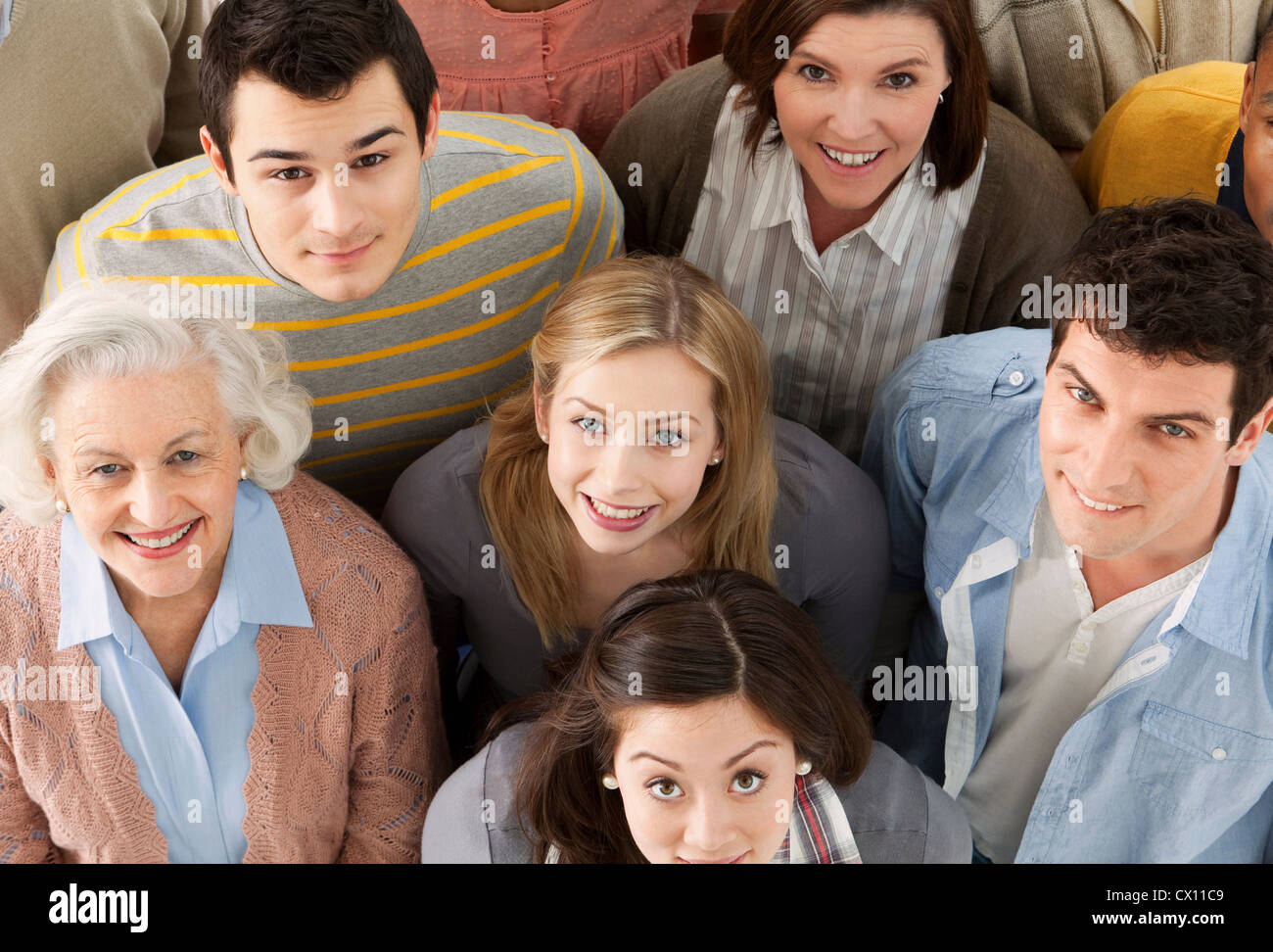 Group of people looking at camera, high angle Stock Photo - Alamy