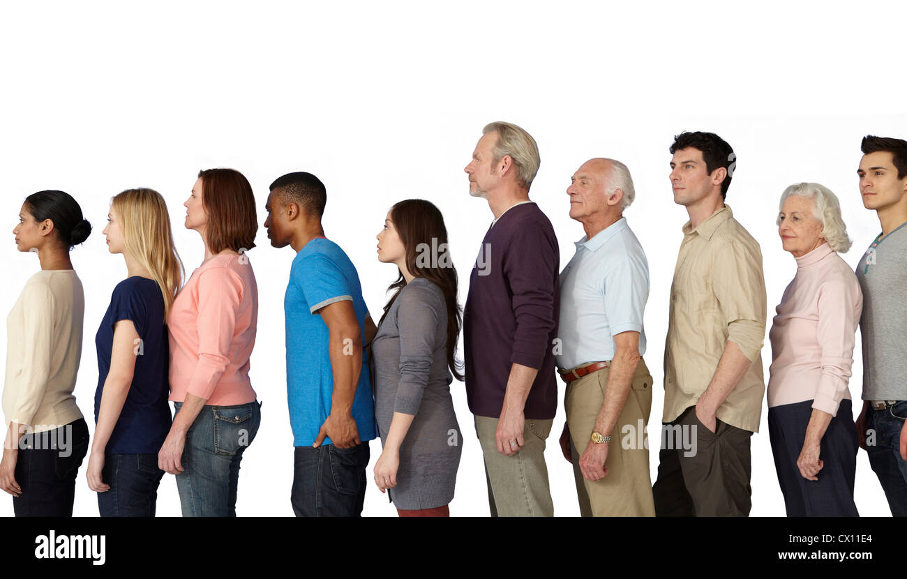 Group of people in a line, side view Stock Photo - Alamy