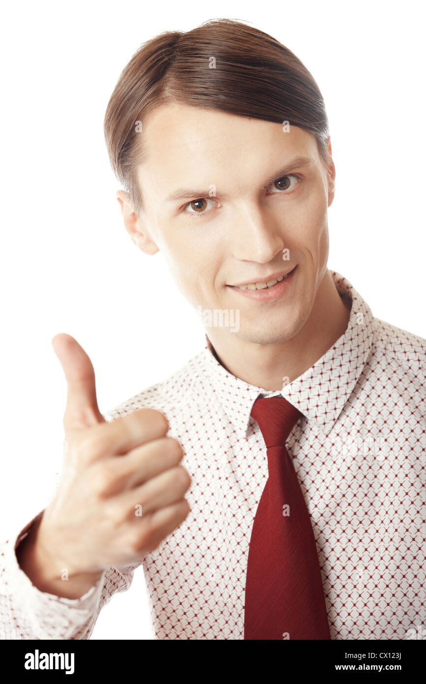 Successful businessman making thumbing up on a white background Stock ...