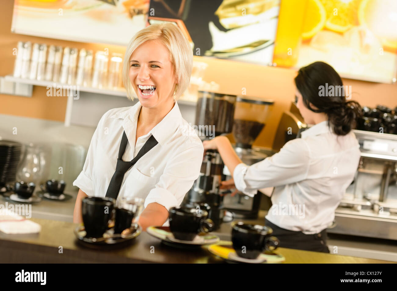 Waitress serving coffee cups making espresso woman cafe bar working ...