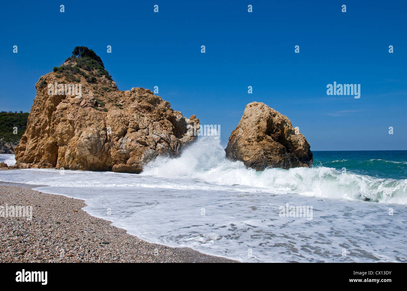 Rock formation of Potistika beach on a stormy day (Pelion peninsular ...