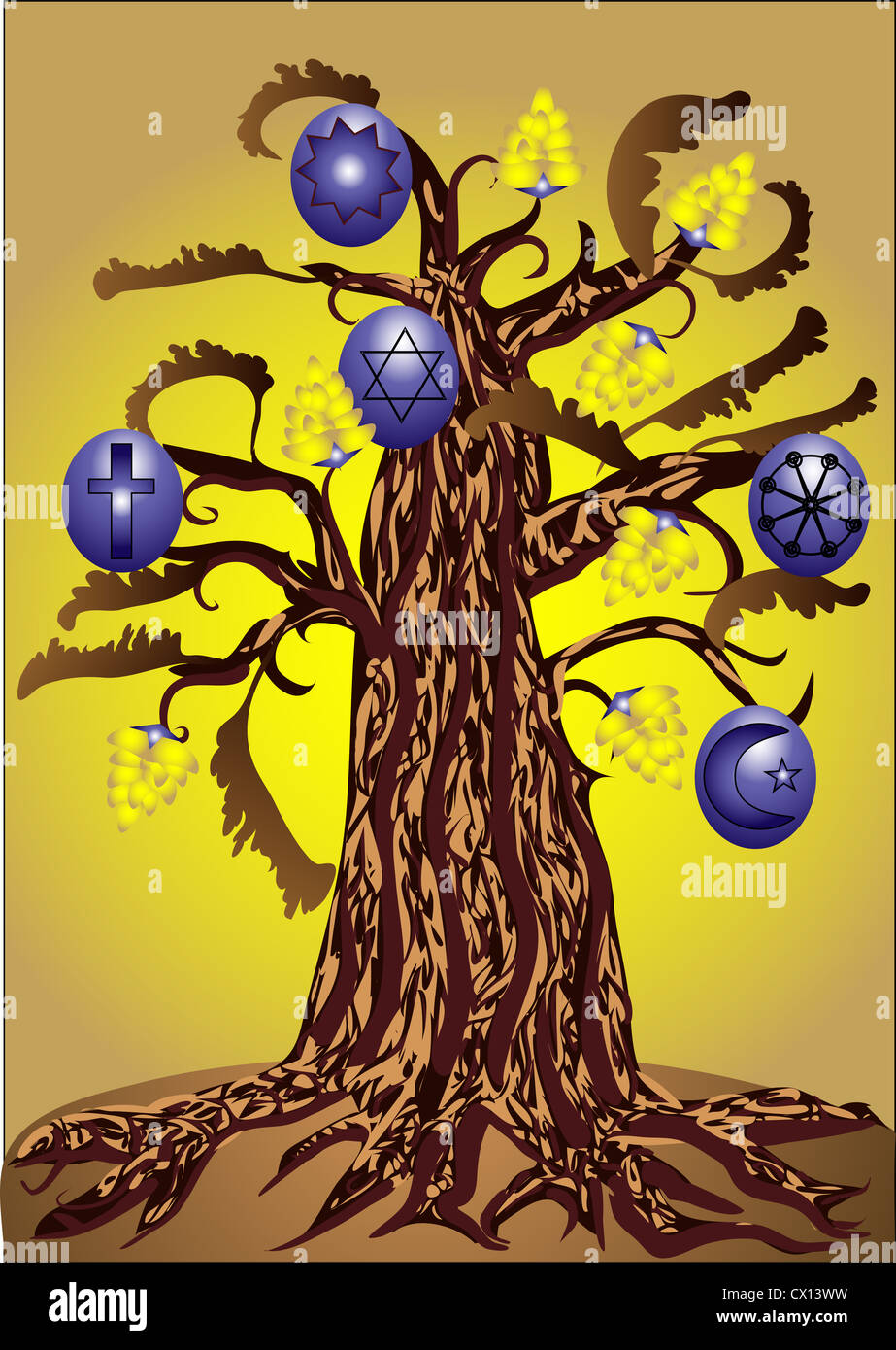 tree with symbols of religions Stock Photo - Alamy