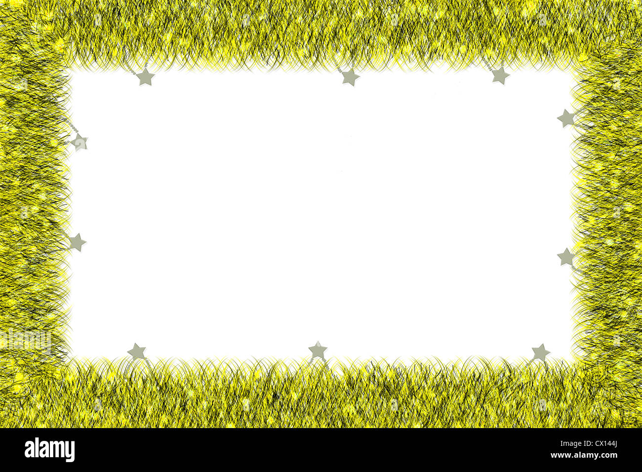 Christmas yellow tinsel frame on white background Stock Photo - Alamy