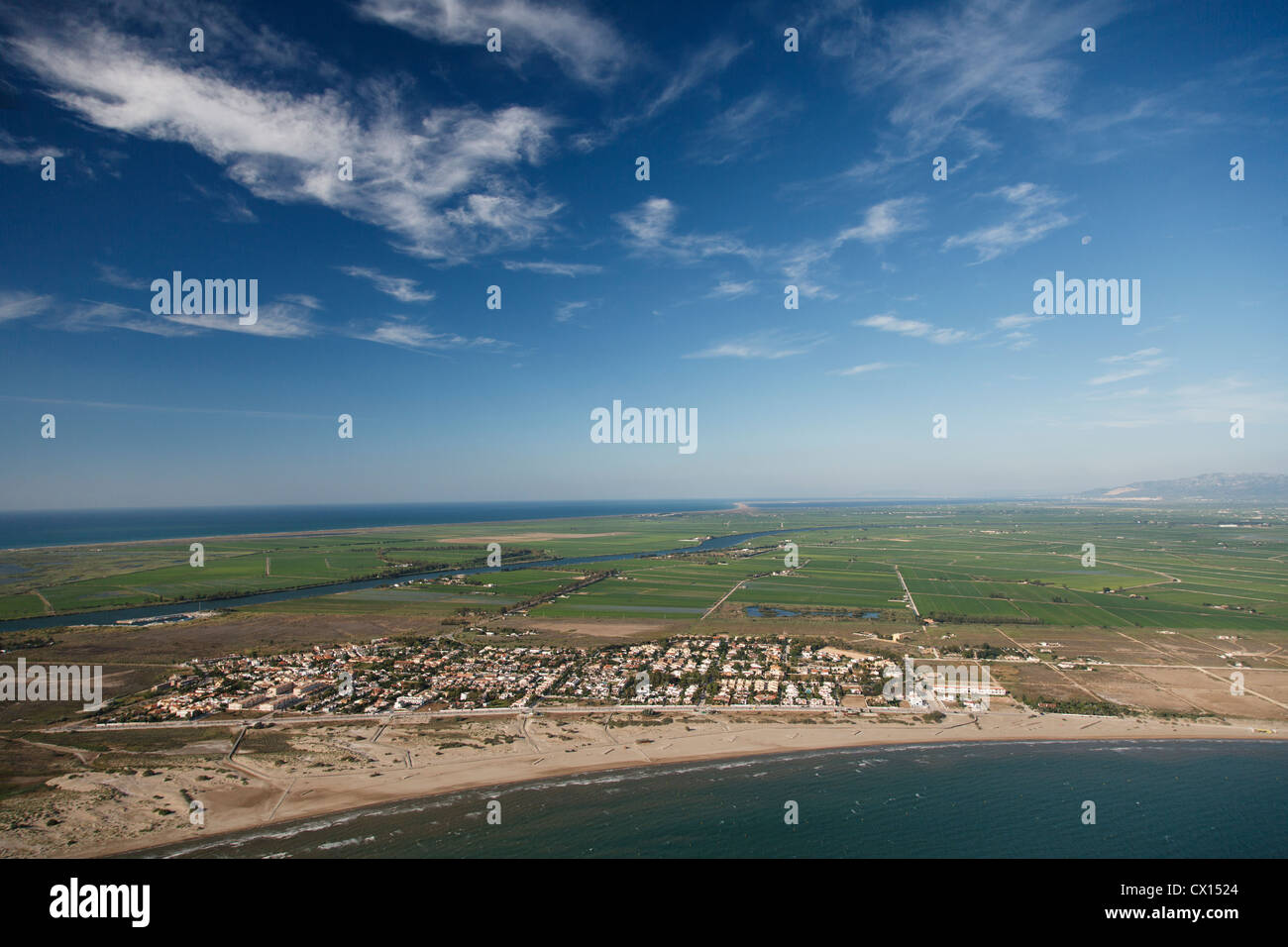Aerial view of Riomar urbanization, Ebro Delta, Natural Park, Tarragona ...