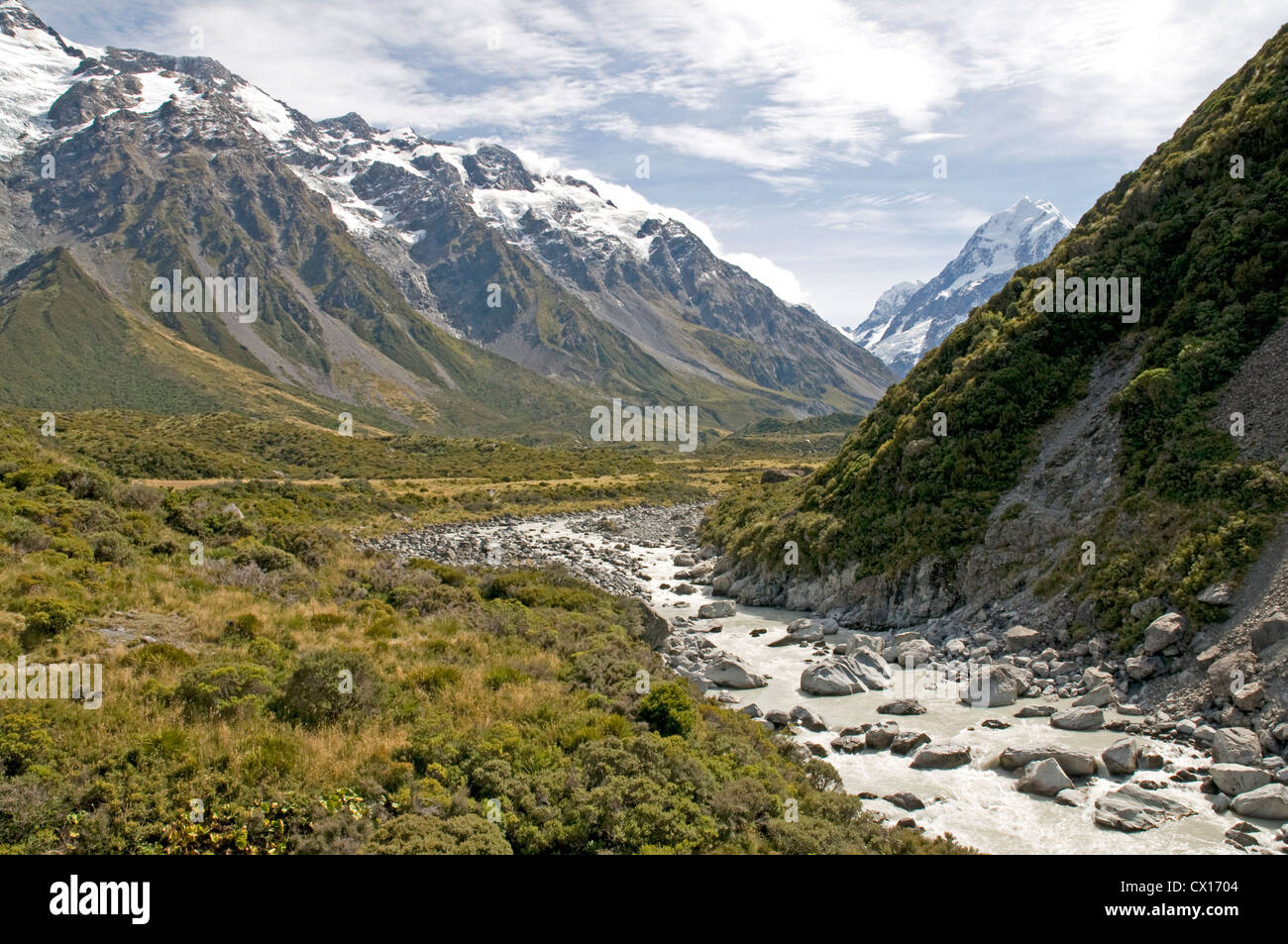 In the Hooker River valley of Mount Cook National Park, New Zealand ...