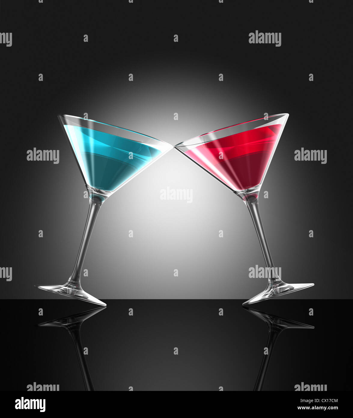 two transparent blue and red cocktail glasses reflecting on bar surface ...