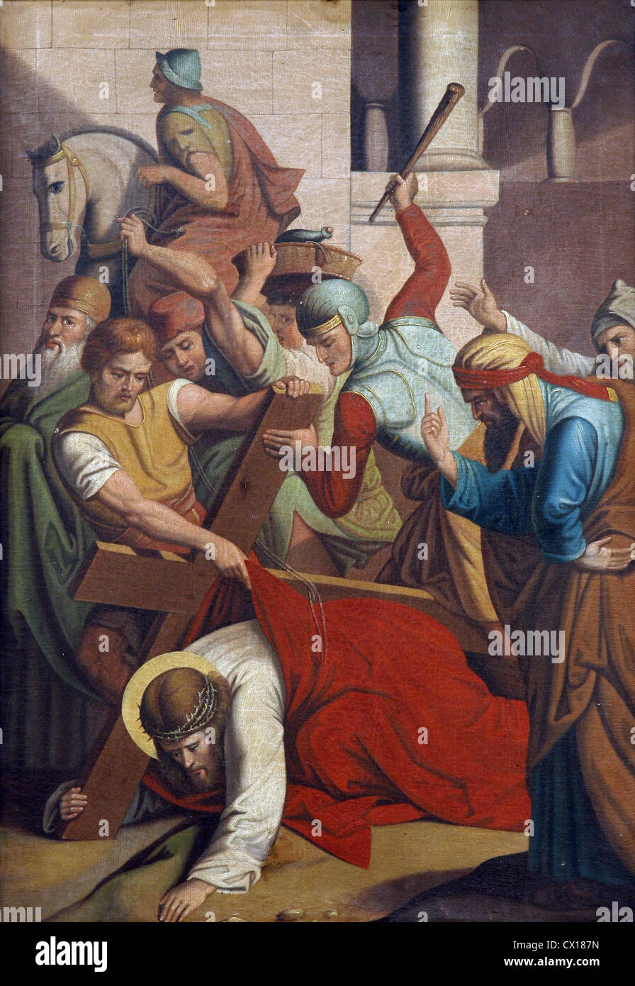 3rd Stations of the Cross, Jesus falls the first time Stock Photo - Alamy