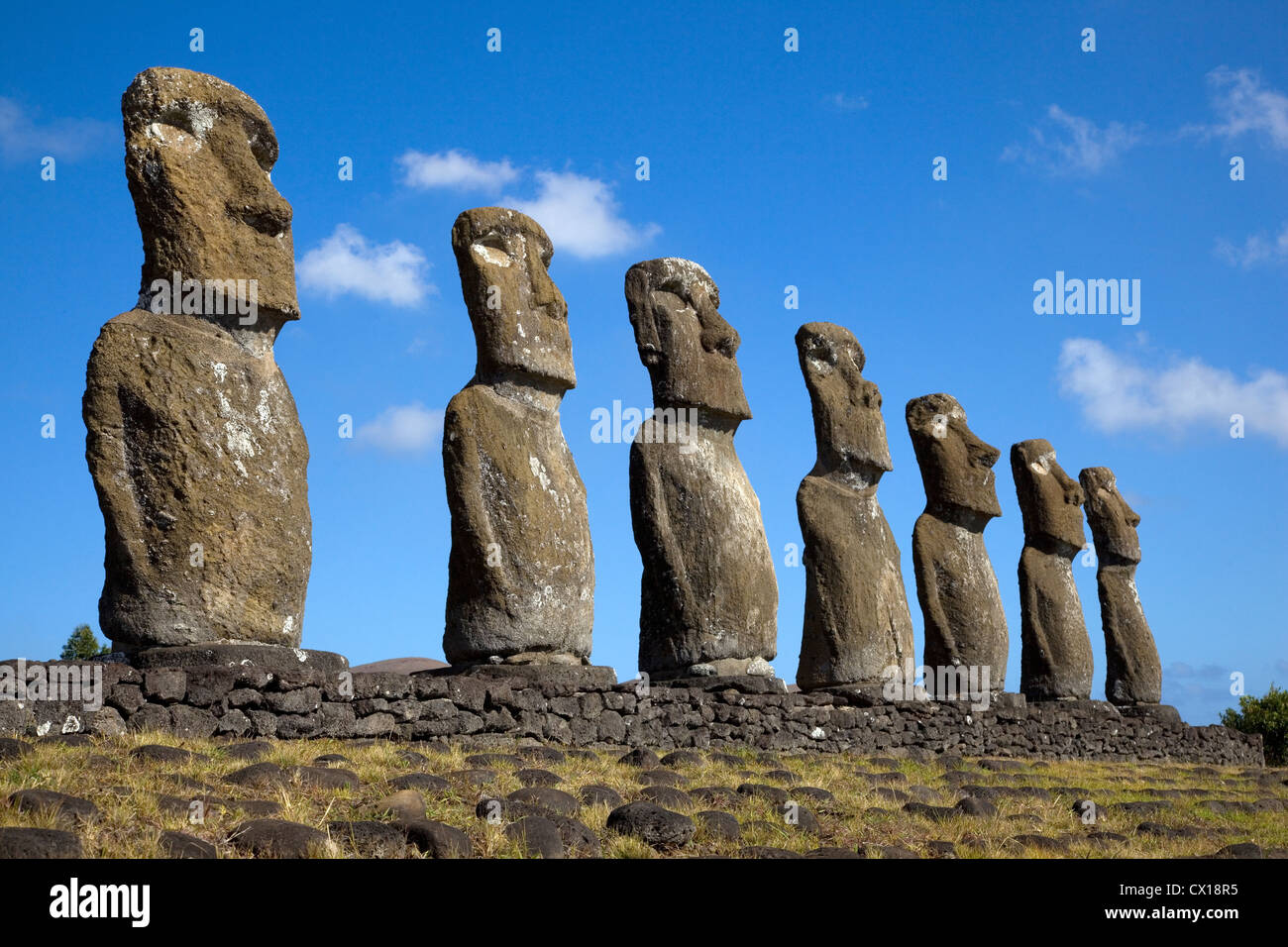 View of seven Ahu Akivi Moai, which are the only Moai to face the sea ...