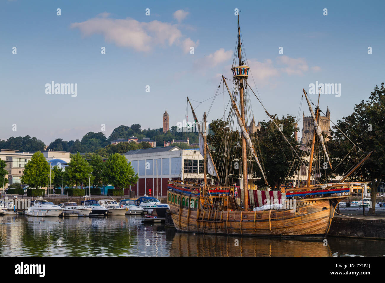 Bristol Harbour, UK with "The Matthew" ship in the foreground, sheds ...
