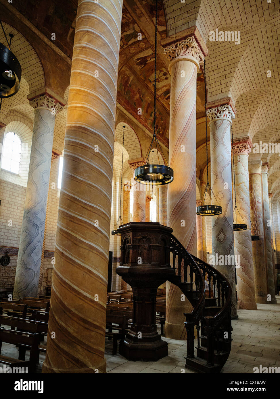 Interior view of the Abbey church of Saint Savin, Indres, France. The ...