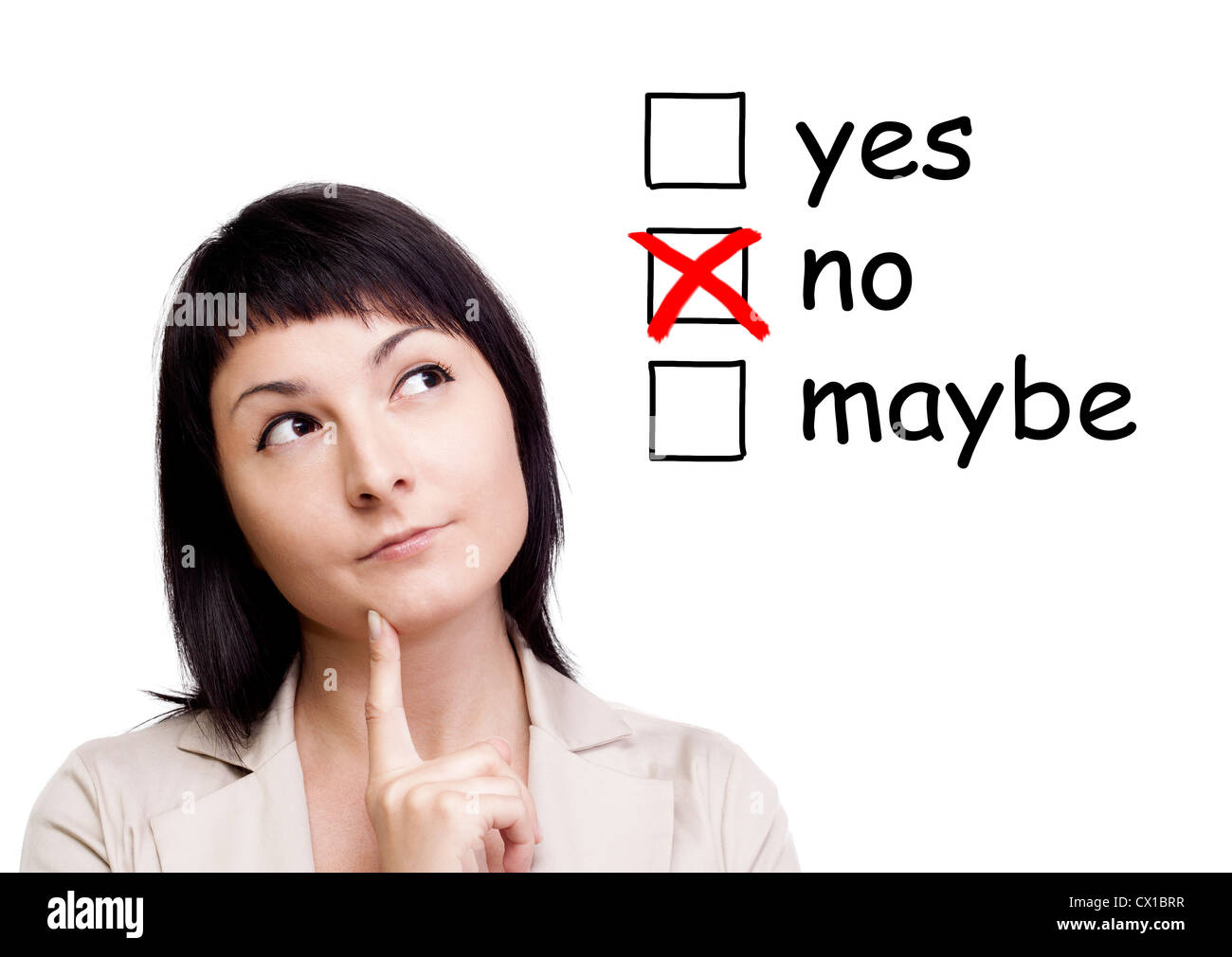 A portrait of a young woman trying to make a decision over white ...