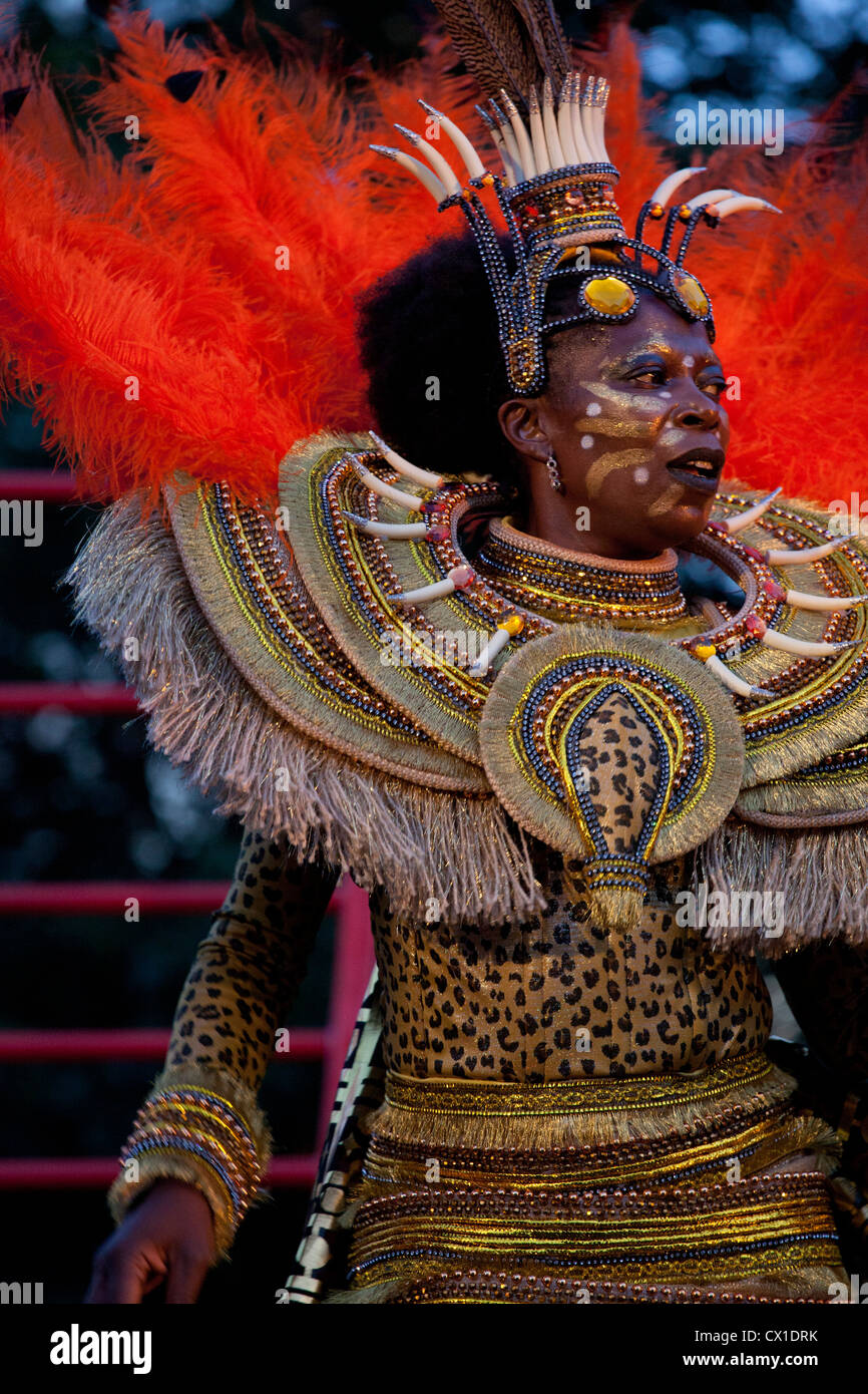 Dancer in colourful costume at Samba school rehearsal for Rio carnival ...