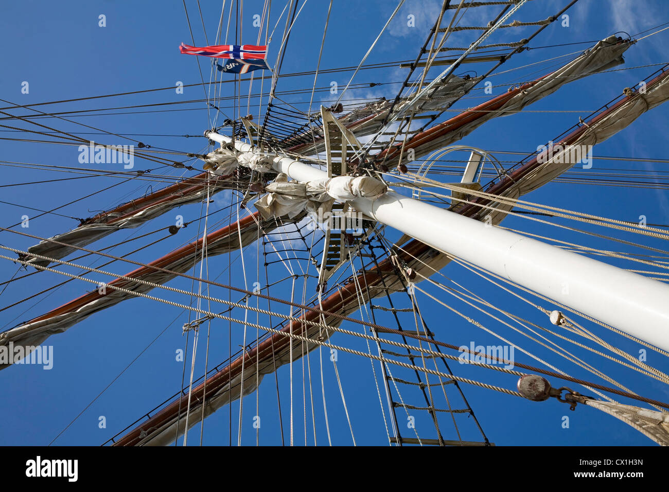 Mast, yards and rigging on board of the tall ship / barquentine Antigua ...
