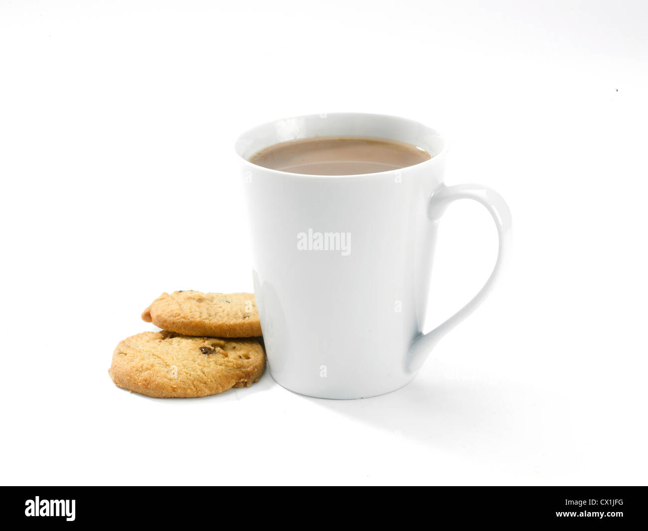 A mug of coffee and two biscuits seen from the side on clean white ...