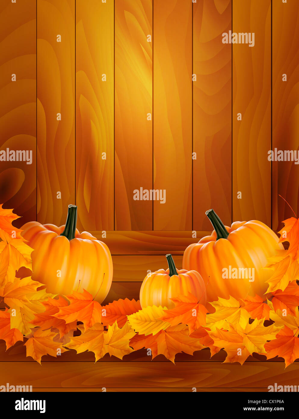 Pumpkins on wooden background with leaves. Autumn background Stock ...