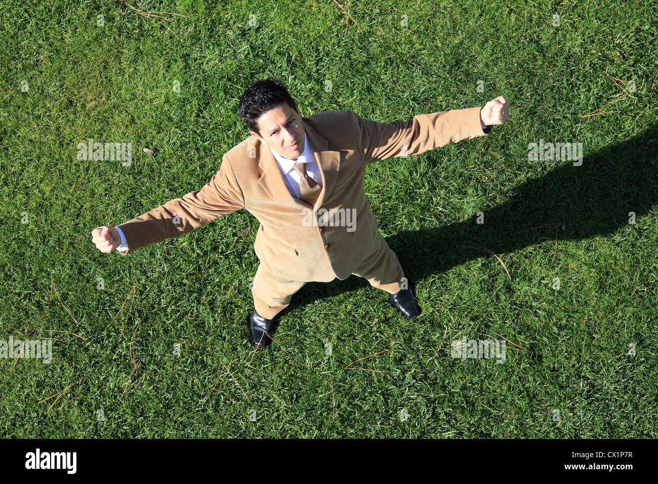 Above view of a business man standing with fists clenched in victory ...