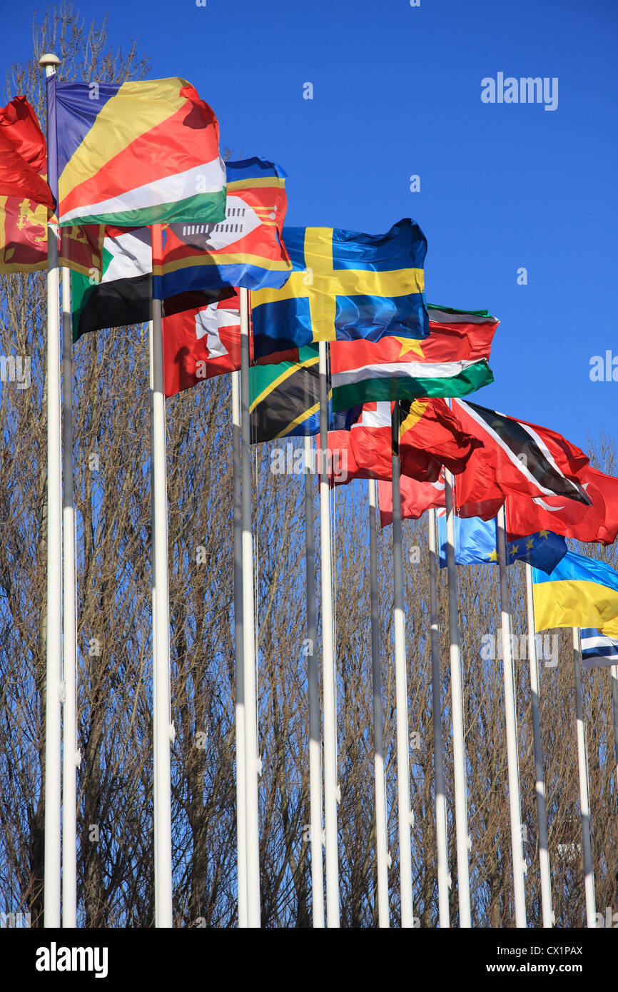 Colorful country flags isolated on a blue sky Stock Photo - Alamy
