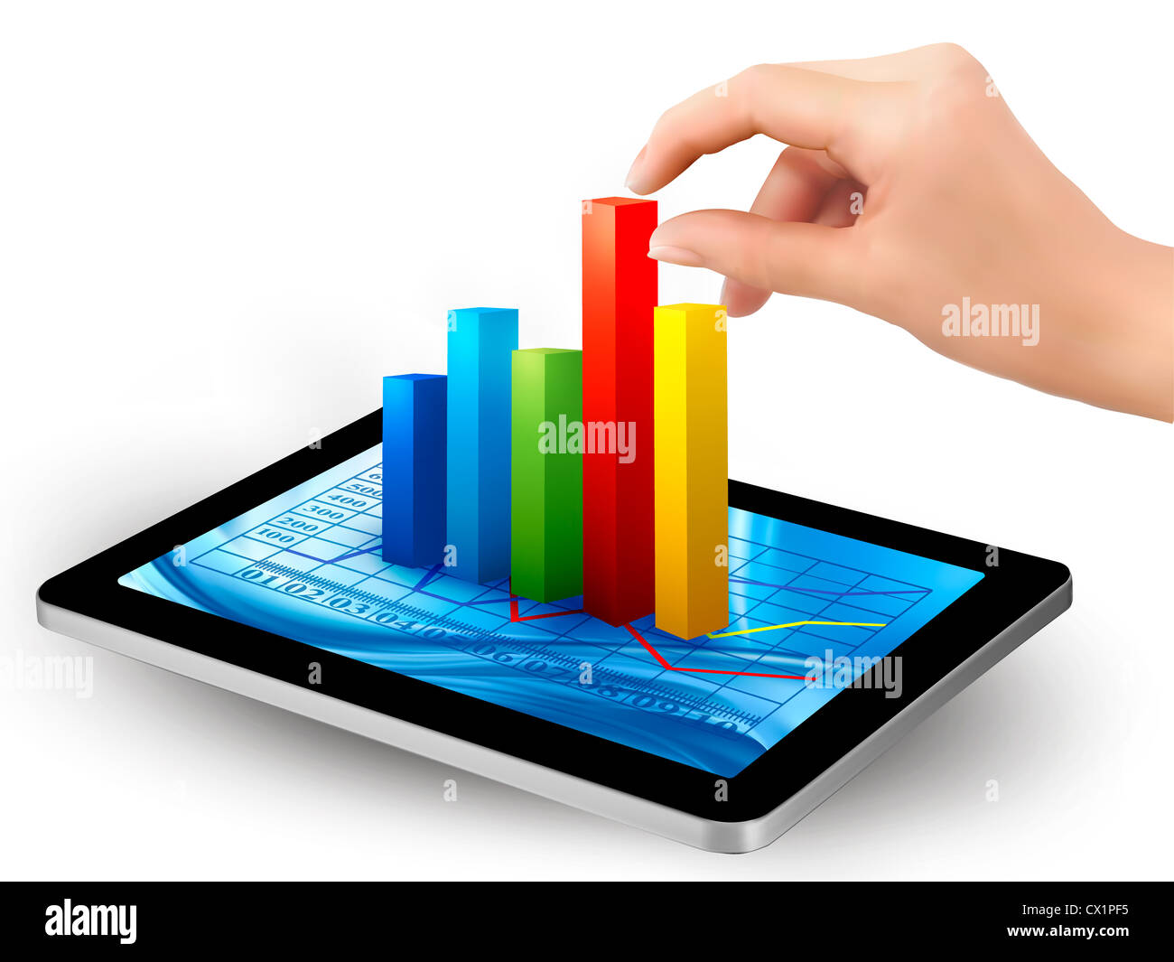 Tablet screen with graph and a hand Stock Photo - Alamy