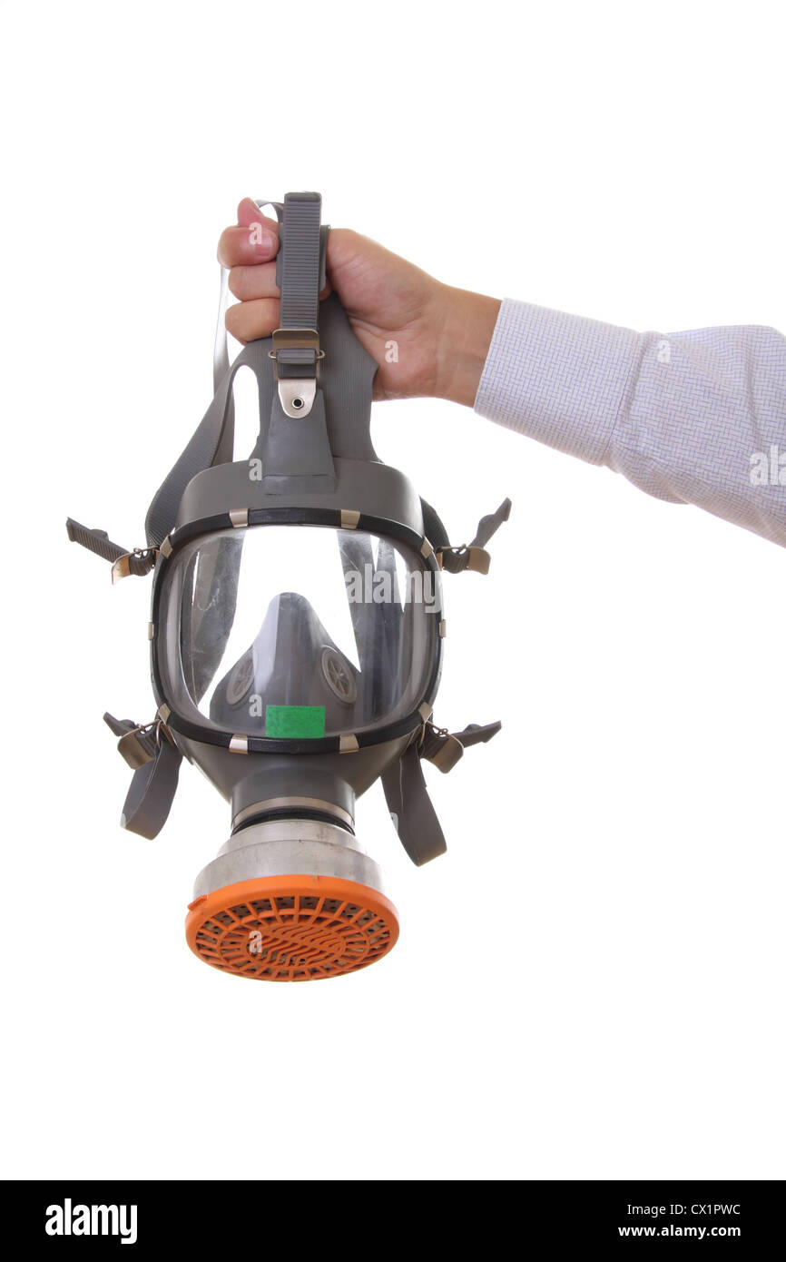 Hand holding a gas mask isolated on a white background Stock Photo - Alamy