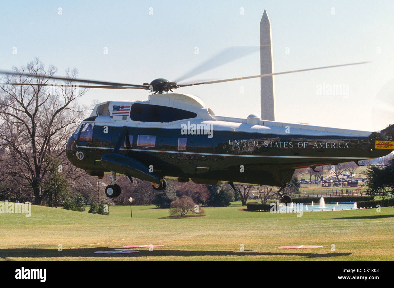 Marine One Presidential helicopter takes off from the South Lawn of the ...