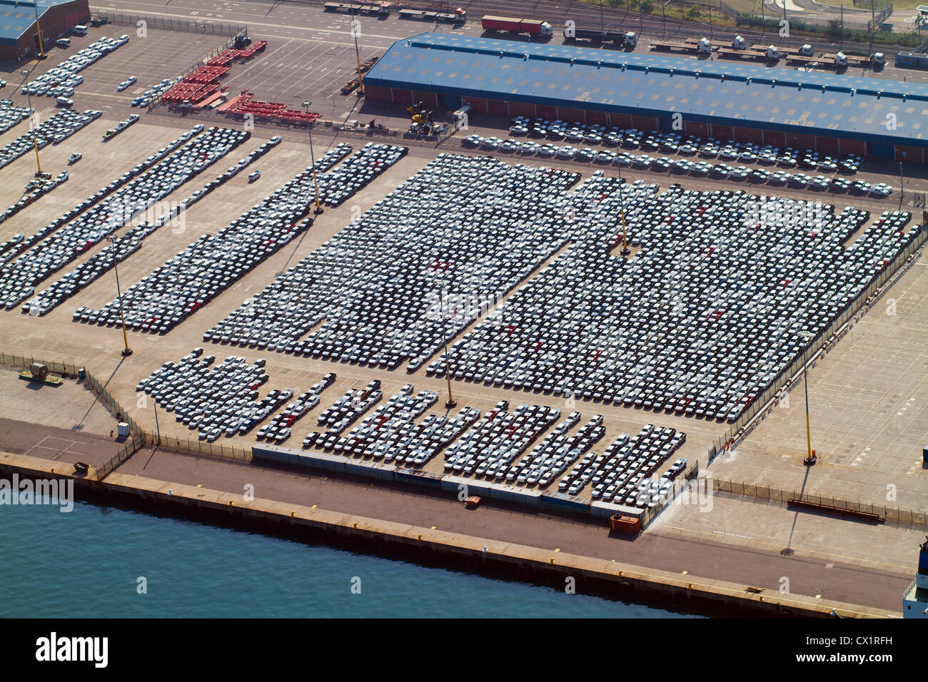 aerial view of large amount of automobiles parked at Durban harbour ...