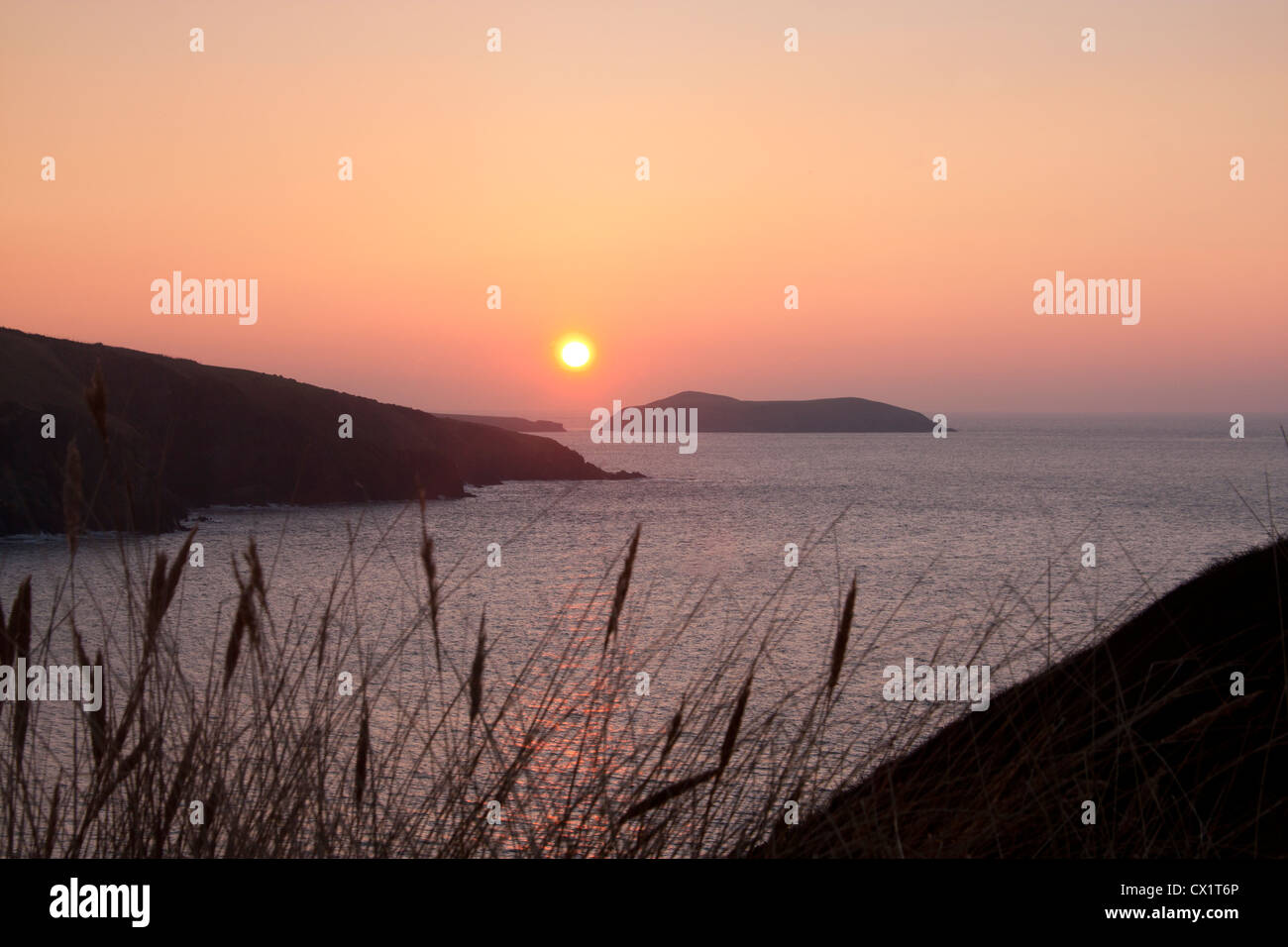 Cardigan Island at sunset from above Mwnt beach Ceredigion West Wales ...