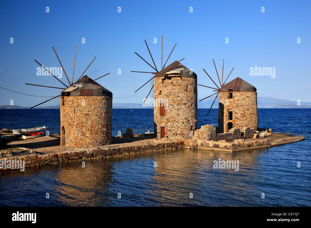 Beautiful windmills right by the sea in Chios town, Chios island ...