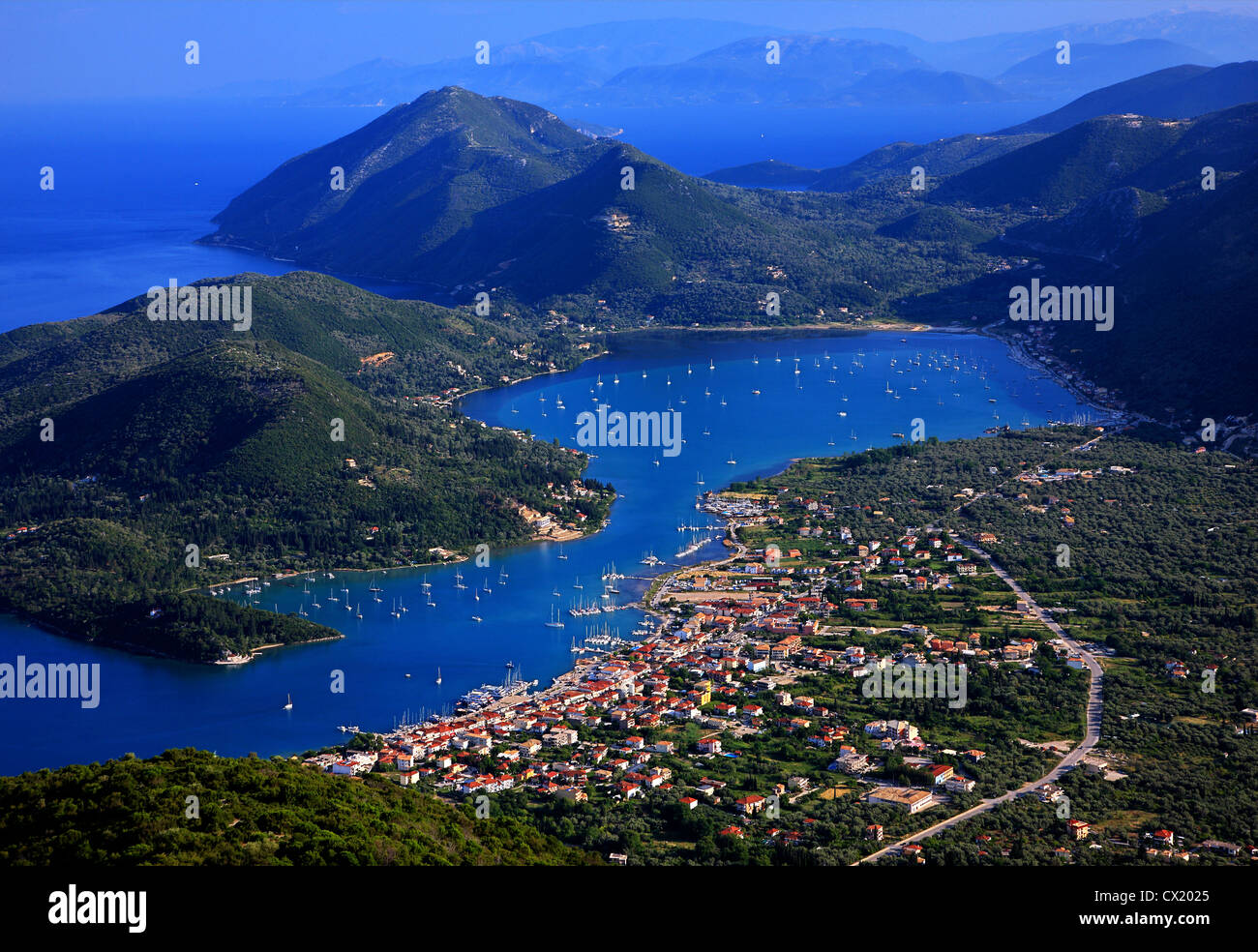 Panoramic view of Vlychos bay and Nydri town from Skaroi mountain ...